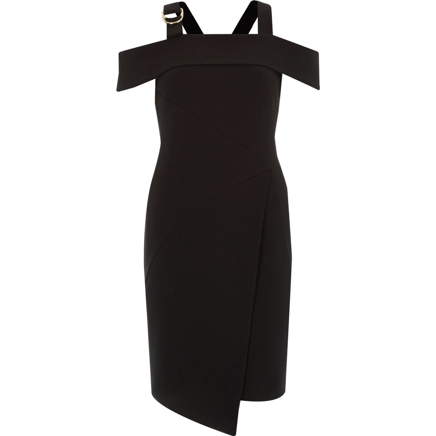 River Island + Black Crepe Wrap Skirt D-Ring Dress