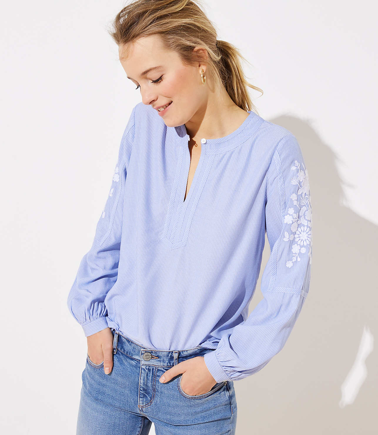 LOFT + Embroidered Sleeve Split Neck Blouse
