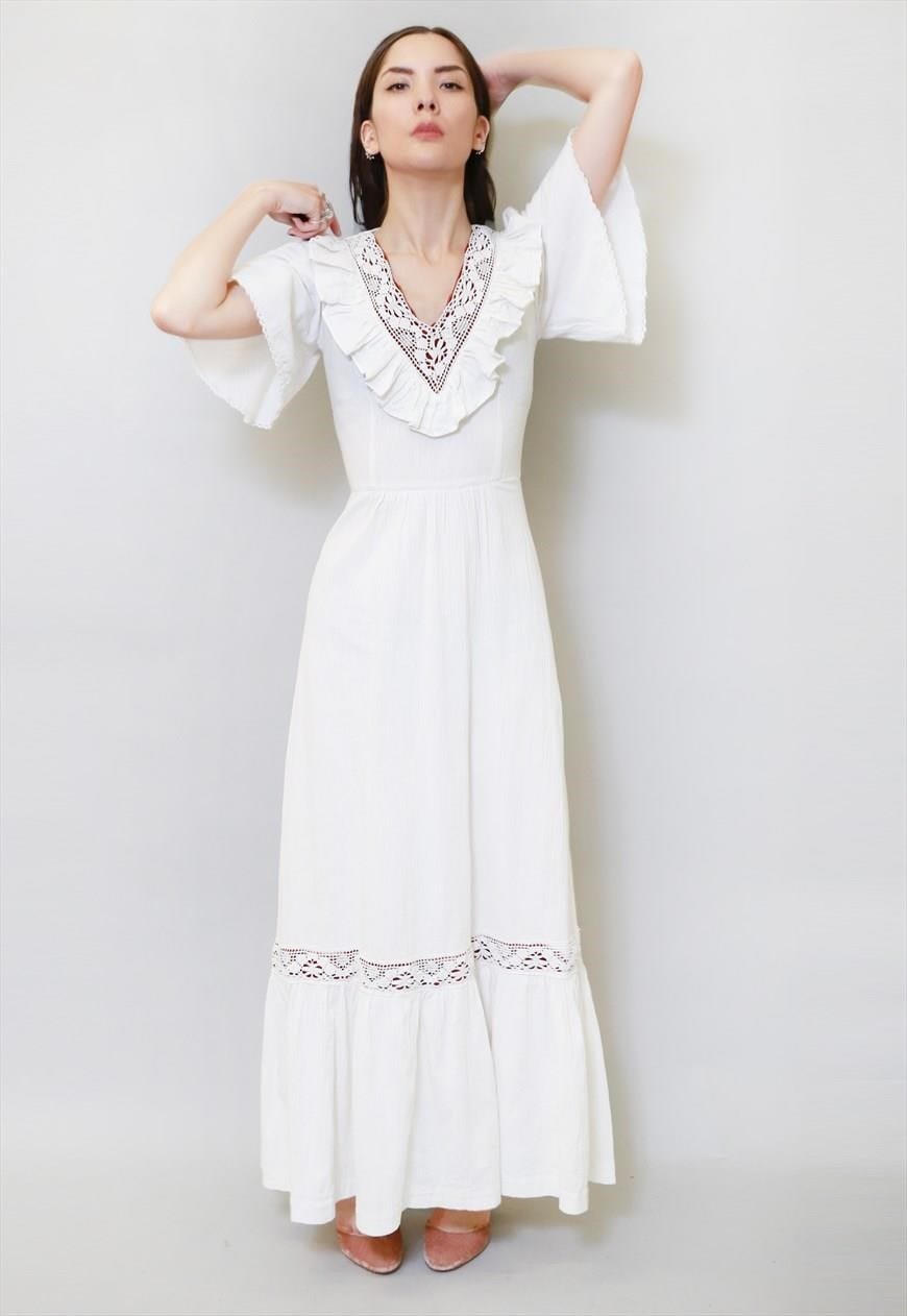 Pekaboo Vintage + Vintage 1970’s White Cotton Ruffled Maxi Dress