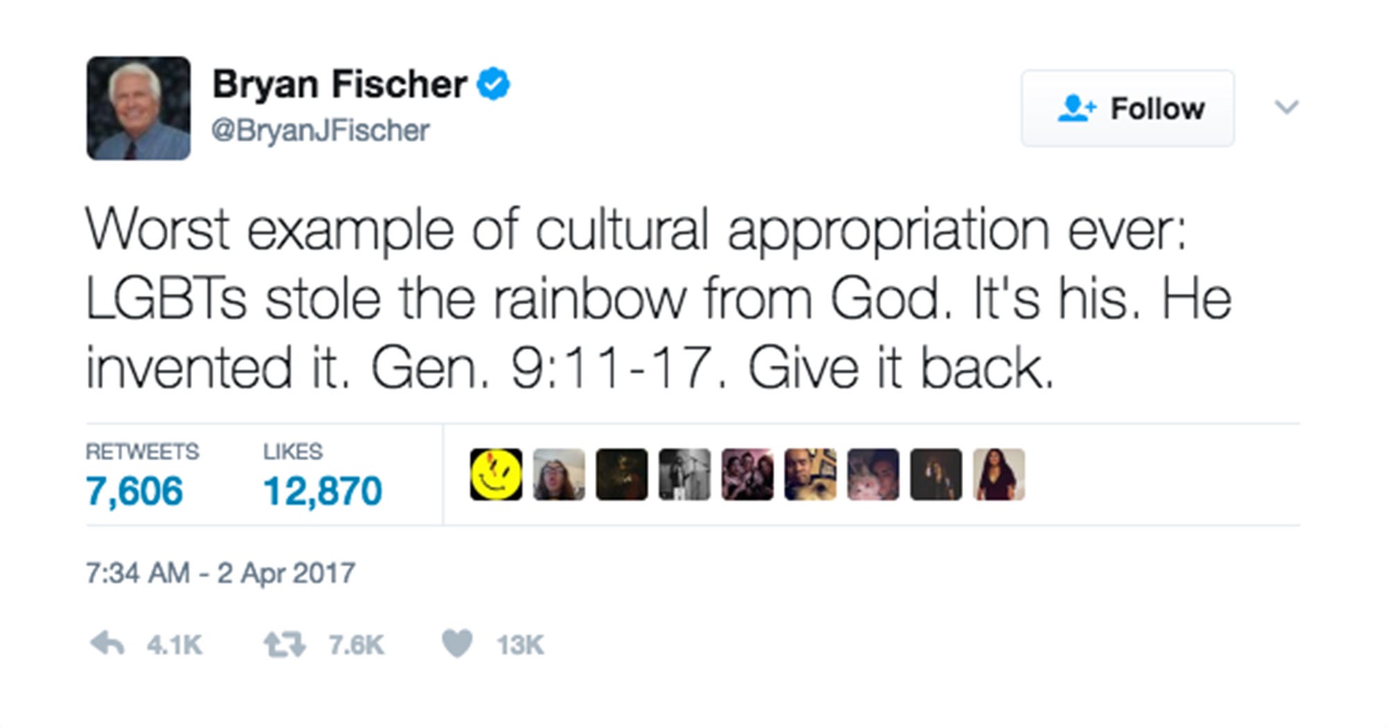 Bryan Fischer LGBTQ Stole Give Back Rainbow Tweet