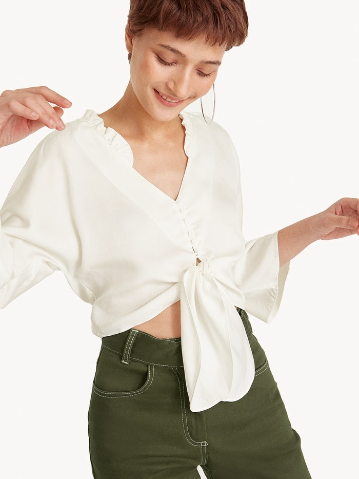 Pomelo + Linen Frill Neck Tie Crop Top