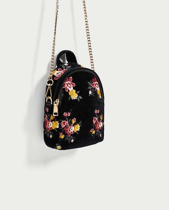 Zara + MINI EMBROIDERED VELVET BACKPACK
