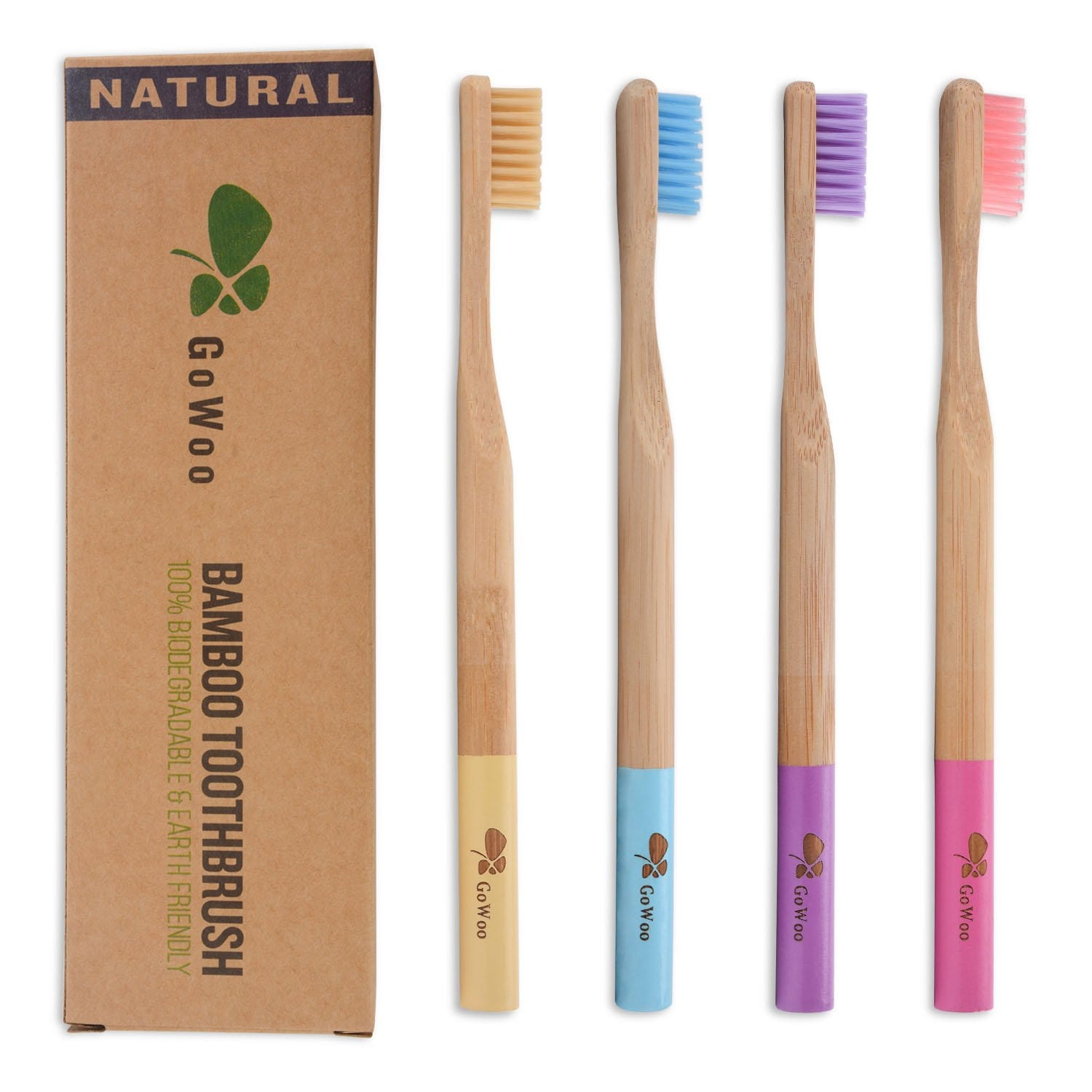 GoWoo + 100% Natural Bamboo Toothbrush (4-pack)
