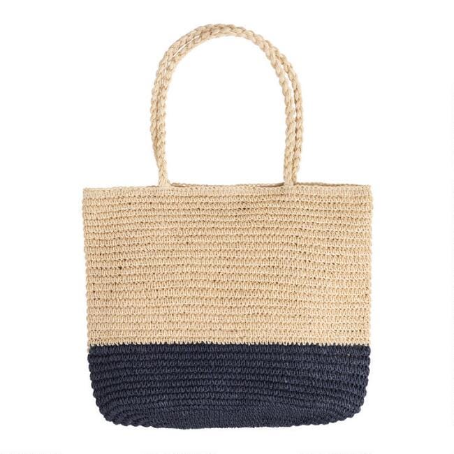 Cost Plus World Market + Natural & Navy Straw Tote Bag